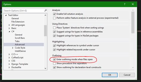 Disable If For While Etc Outlining In Visual Studio 2017 For C
