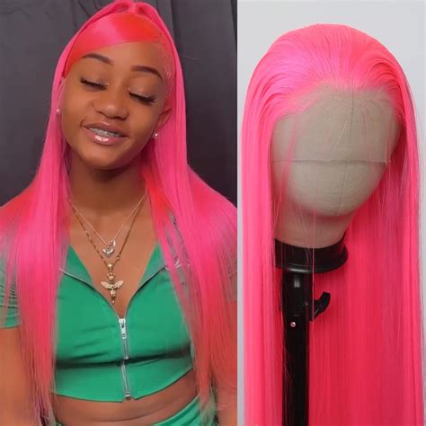 Btwtry Pink Synthetic Lace Front Wig Long Straight Hot