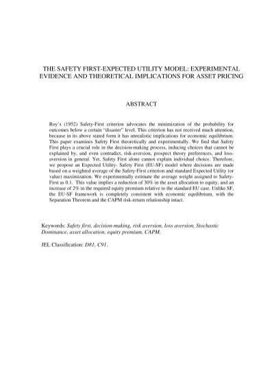 The Safety First Expected Utility Model Experimental Evidence