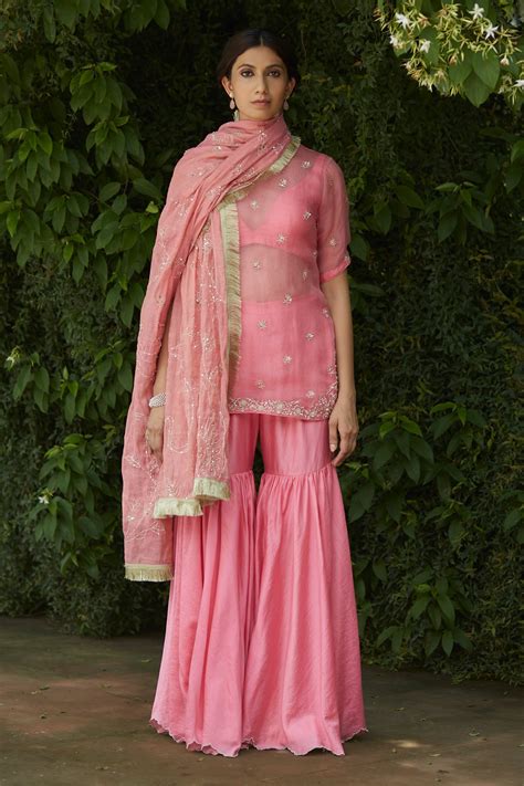 Buy Pink Handloom Chanderi Embroidered Floral Round Kurta Gharara Set