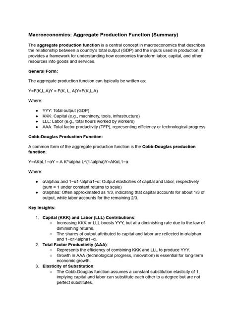 Macroeconomics Aggregate Production Function Summary Pdf
