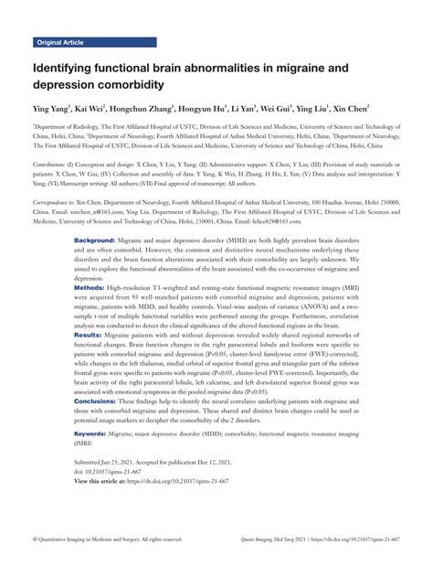 Pdf Identifying Functional Brain Abnormalities In Migraine And Depression Comorbidity