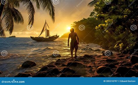 Castaway Man On Uninhabited Island Shipwreck Cartoon Vector