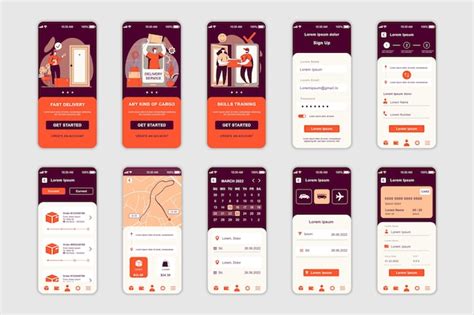 모바일 앱 템플릿 Ui Ux Gui 사용자 인터페이스 키트에 대해 설정된 전달 개념 화면 프리미엄 벡터