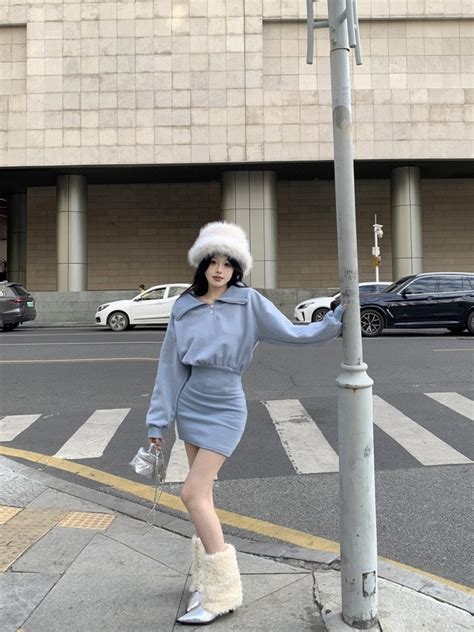 스카이 반집업 빅카라 브이넥 긴팔 허리 슬리밍 미니원피스