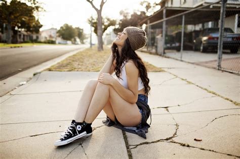 White Women Model Sitting Photography Dress Smiling Jean Shorts