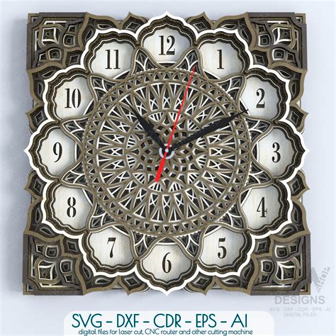Wall Clock For Laser Cut Mandala Clock Dxf Pattern 3d Cloc Inspire