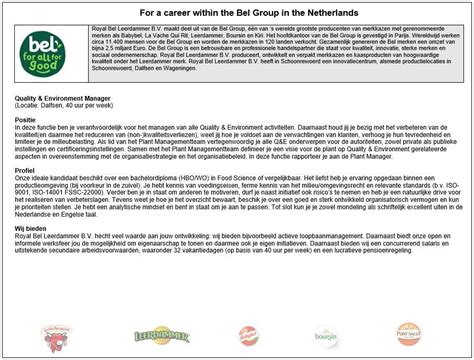 Voor Royal Bel Leerdammer Dalfsen Zijn Wij Op Zoek Naar Een Quality And Environment Manager Kom