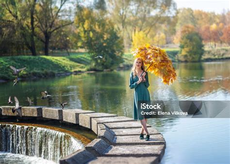 젊은 아름다운 여성이 호수를 배경으로 가을 공원에서 나뭇잎으로 만든 우산 아래에 서 있습니다 단풍 나무 잎의 우산 아래 공원에서 산책을하는 가을의 아름다운 여성 10월에