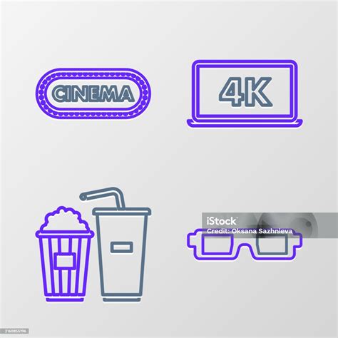 라인 3d 시네마 안경 팝콘 및 소다 음료 4k 비디오 기술이 적용된 노트북 화면 및 시네마 포스터 디자인 템플릿 아이콘을