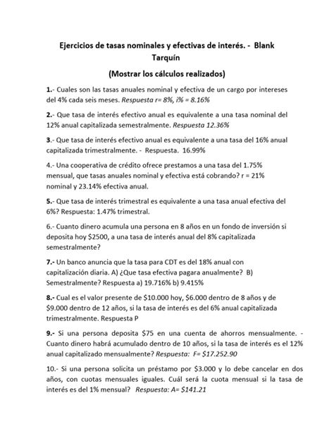 Ejercicios Tasas Nominales Y Efectivas De Interés Pdf