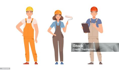 핸디맨 또는 픽서로 숙련 된 남자와 여자 착용 전반적인 유지 페인트 롤러 와 클립 보드 에 종사 홈 수리 작업 벡터 세트 Diy에 대한 스톡 벡터 아트 및 기타 이미지