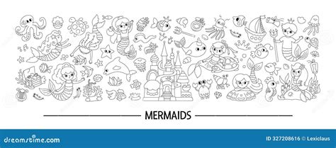 Conjunto Horizontal Branco E Preto Vetor Com Sereias Animais De Castelo