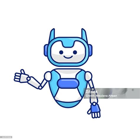 로봇이 제시하거나 환영하는 제스처 벡터 그림 귀여운 로봇 만화 일러스트 디자인 생활필수품에 대한 스톡 벡터 아트 및 기타 이미지