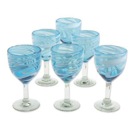 Unicef Market 6 Hand Blown Wine Glasses In Aqua And White From Mexico