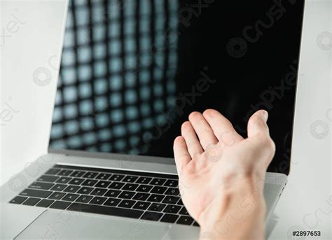 Close Up Man Is Pointing At The Screen Of His Stock Photo Crushpixel