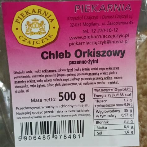 Chleb orkiszowy piekarnia Czajczyk kalorie kJ i wartości odżywcze