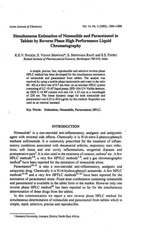 Pdf Simultaneous Estimation Of Nimesulide And Paracetamol In Tablets By Reverse Phase High