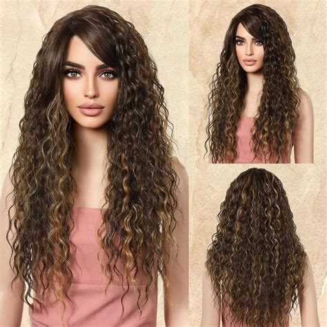 Seikea Long Brown Highlight Curly Wig With Bangs 28