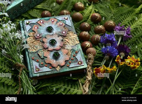 Still Life With Beautiful Magic Book Of Spells Or Diary And Runes