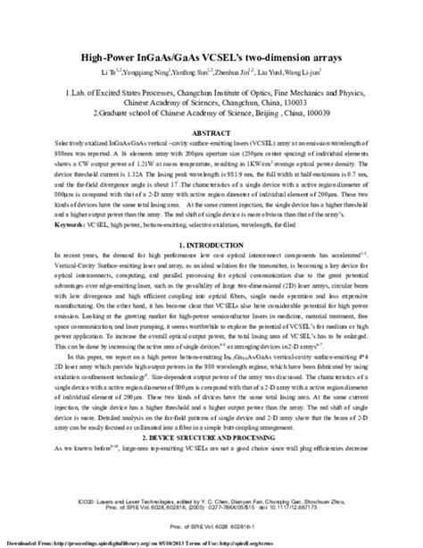 Pdf High Power Ingaasgaas Vcsels Two Dimension Arrays