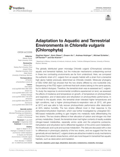 Pdf Adaptation To Aquatic And Terrestrial Environments In Chlorella Vulgaris Chlorophyta