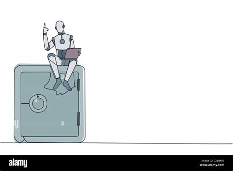 Single One Line Drawing Robotic Artificial Intelligence Sitting On Giant Safe Deposit Box