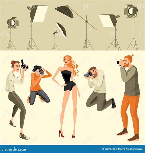 Fotografer Tar Ett Foto Av Modellen Vektor Illustrationer Illustration Av Fotograf Belysning