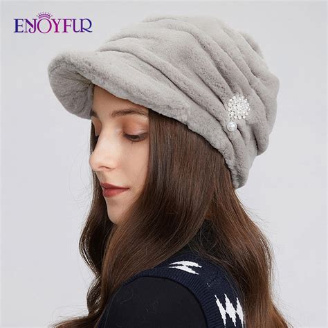 Enjoyfur 여성 모피 모자 따뜻한 렉스 토끼 모피 라인 석 바이저 모자 Enjoyfur