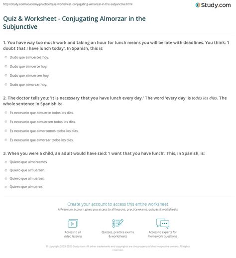 Quiz And Worksheet Conjugating Almorzar In The Subjunctive