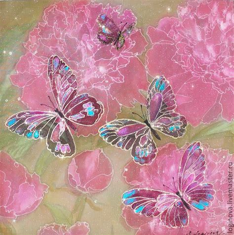 Картина на шелке трехслойная Пионы с бабочками в интернет магазине на Ярмарке Мастеров