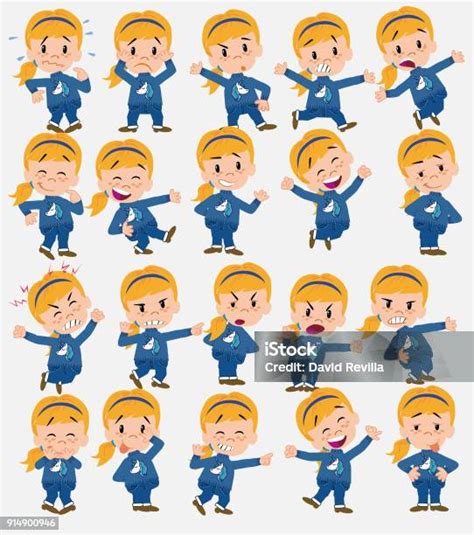 유니콘의 스웨터와 만화 캐릭터 백인 여자입니다 다른 자세 태도 포즈 고립 된 벡터 그림에 다양 한 활동을 하 고 설정 합니다 공주에 대한 스톡 벡터 아트 및 기타 이미지