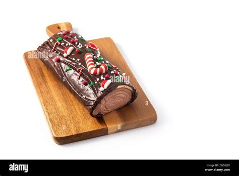 Chocolate Yule Log Christmas Cake Isolated On White Background Stock