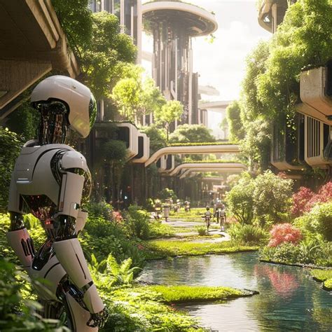 Robot Utopia With Lush Green Spaces Robots Maintaining Artificial Parks Premium Ai Generated Image