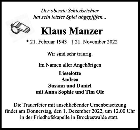 Klaus Manzer Traueranzeige Cuxhavener Nachrichten