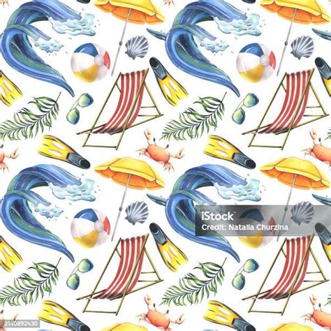 일광욕 의자 풍선 장난감 태양 우산 열대 야자수 잎 수채화 그림 카드 포스터 해변과 여름에 대 한 손으로 그린 그림 흰색 배경에 매끄러운 패턴 게에 대한 스톡 벡터 아트 및