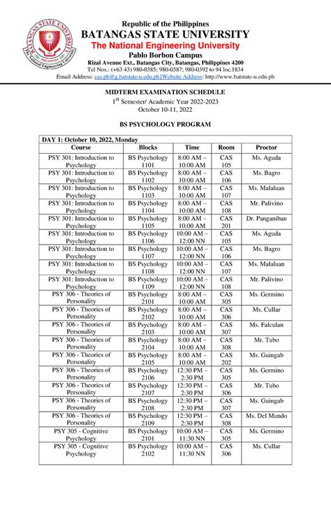 Midterm Examination Schedule Proctors Batangas State University The