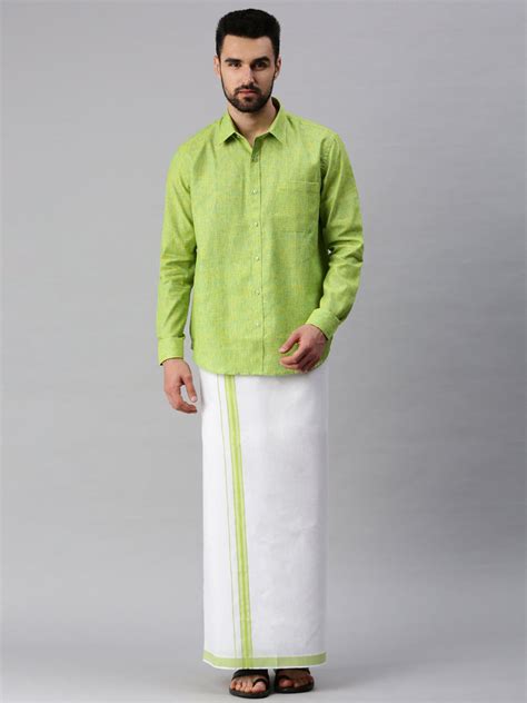 Mens Matching Border Dhoti And Full Sleeves Shirt Set Trendy Cc4