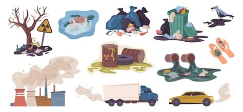 기름 유출 및 수질 오염 오염 세트 프리미엄 벡터