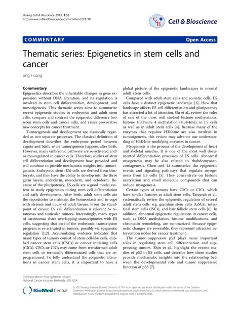 Pdf Thematic Series Epigenetics In Stem Cells And Cancer