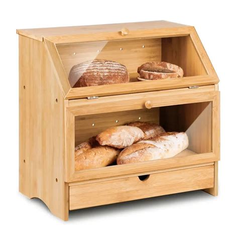 Bamboo Corner Bread Box Double Layers Wood Bread Bin For Kitchen Bamboo