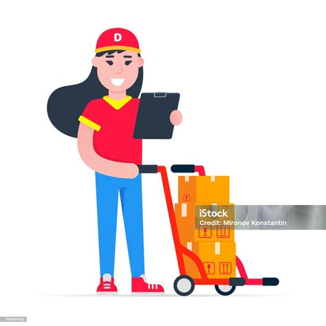 클립 보드와 트롤리와 상자 평면 스타일 디자인 벡터 일러스트 레이 션에 빠른 배달 여자 캐릭터 그녀의 손에 클립 보드와 배달 여자 배달 회사의 상징입니다 빠르고 무료 교통