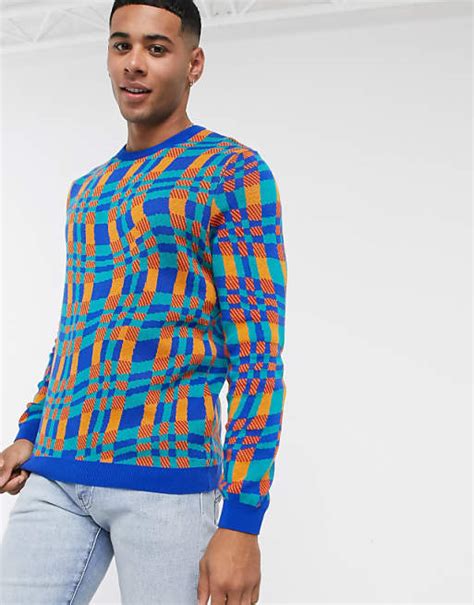 Asos Design Knitted Jumper With Multicolour Check Design Asos