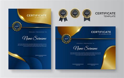수상 졸업장 및 인쇄를 위한 현대적인 파란색 인증서 템플릿 및 테두리 골드 배지와 테두리가 있는 파란색과 금색 우아한 성취 인증서 템플릿 프리미엄 벡터