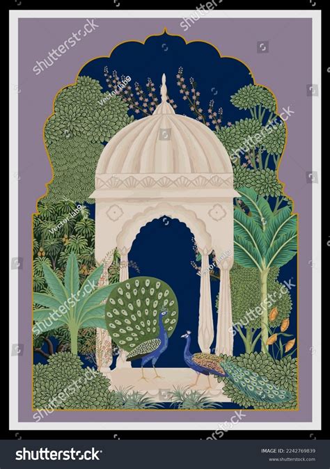 Traditional Mughal Motif Frame Arch Peacock Stock Illustration