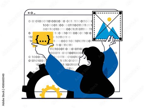 Web Development Concept With Character Situation Woman Developer Coding And Creates Layout