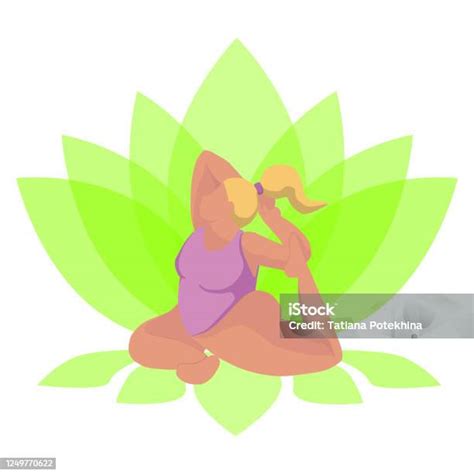 플랫 스타일 연꽃 배경에 매력적인 과체중 여성의 벡터 일러스트 해피 요가 플러스 크기 소녀 행복한 몸 긍정적 인 개념 건강에