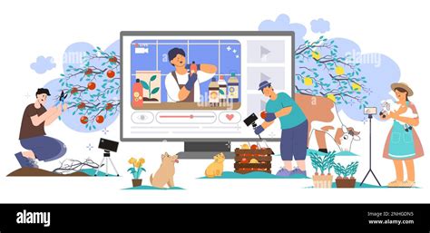 Farmer Blog Flat Composition With Garden Scenery And Workers Surrounding Big Desktop Computer