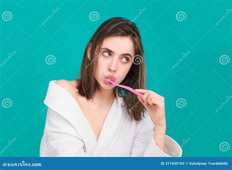 Young Woman Brushing Teeth Happy Funny Girl Brush Her Teeth On Isolated Background Stock Image