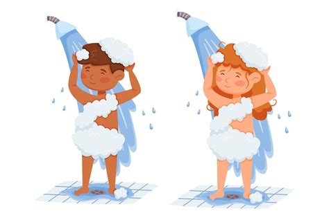 Enfants Prenant Une Douche Fille Et Garçon Se Lavant Les Cheveux Et Le